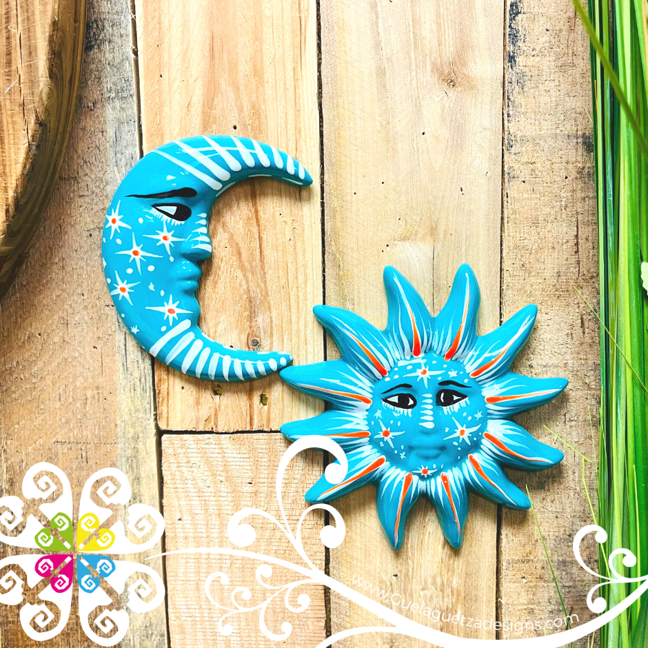 Small Teal Sun & Moon Set - Wall Decor – Guelaguetza Designs
