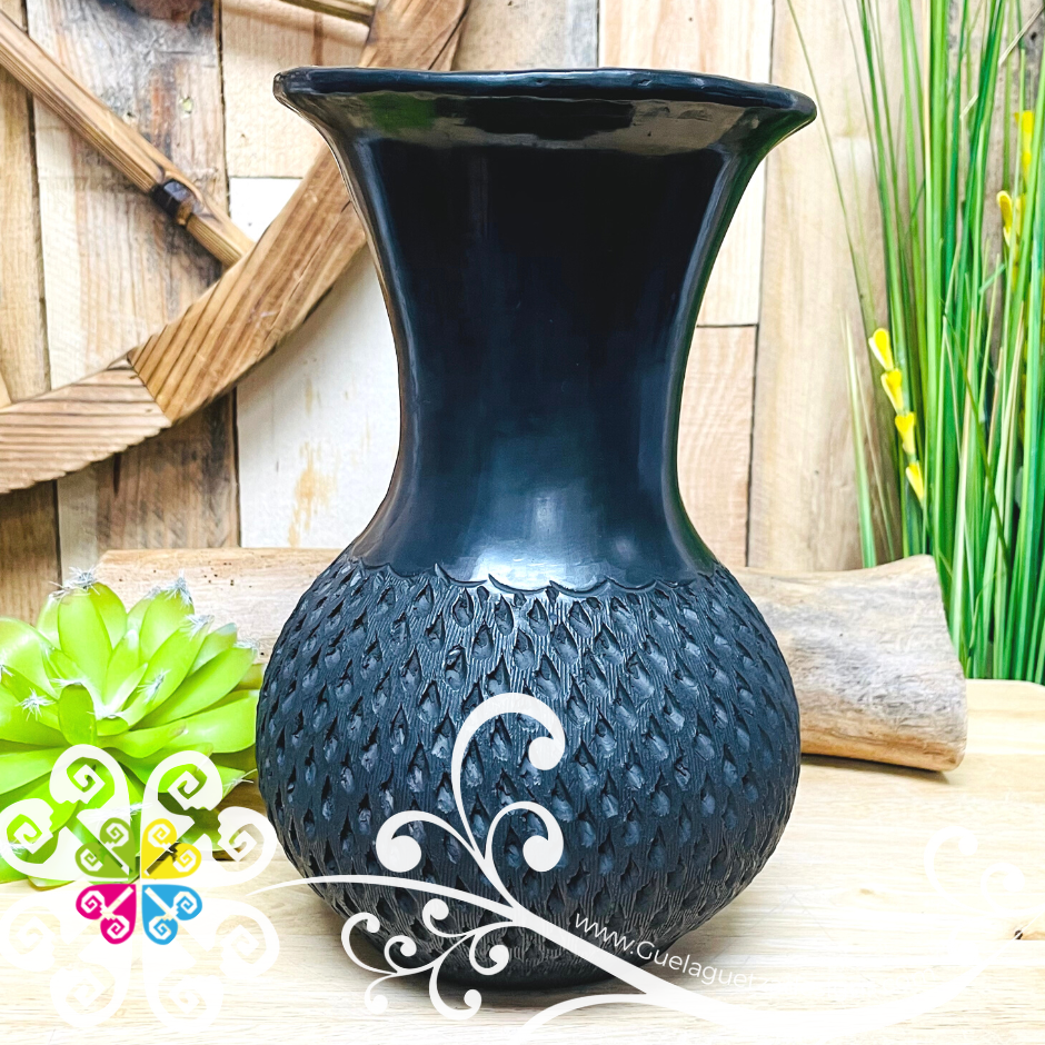 Large Trumpet Black Clay Vase - Barro Negro Oaxaca – Guelaguetza Designs